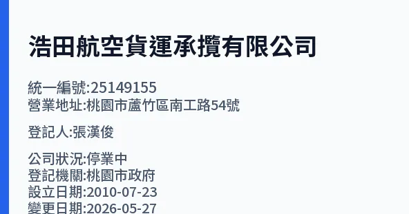 浩田航空貨運承攬有限公司的照片-統編 25149155(桃園市) 公司登記資料與營業項目詳細圖表