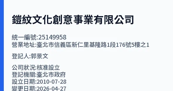 鎧紋文化創意事業有限公司的照片-統編 25149958(臺北市) 公司登記資料與營業項目詳細圖表