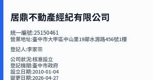 居鼎不動產經紀有限公司的照片-統編 25150461(臺中市) 公司登記資料與營業項目詳細圖表