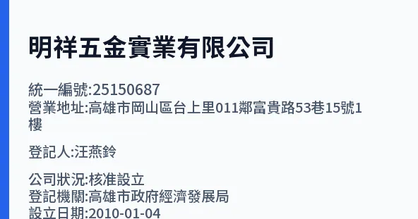 明祥五金實業有限公司的照片-統編 25150687(高雄市) 公司登記資料與營業項目詳細圖表