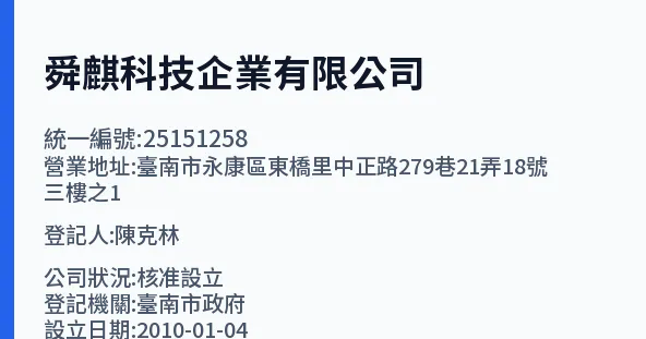 舜麒科技企業有限公司的照片-統編 25151258(臺南市) 公司登記資料與營業項目詳細圖表
