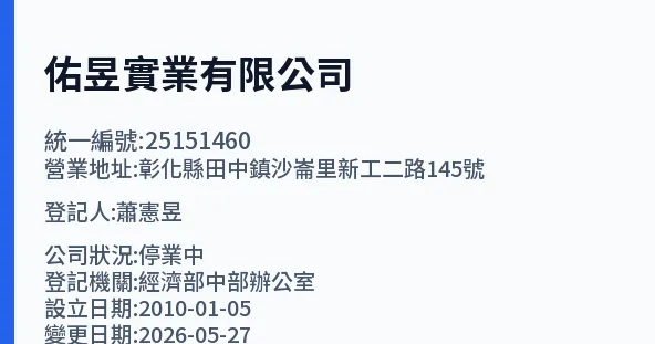 佑昱實業有限公司的照片-統編 25151460(彰化縣) 公司登記資料與營業項目詳細圖表