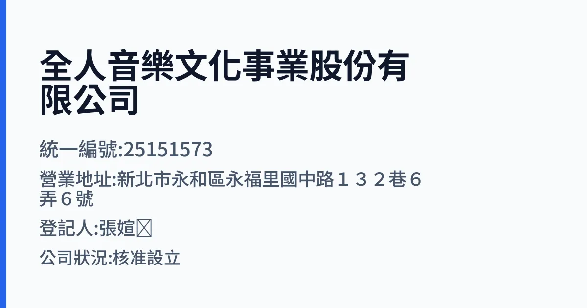 全人音樂文化事業股份有限公司 - 統編 25151573(新北市) 公司登記資料與營業項目詳細圖表