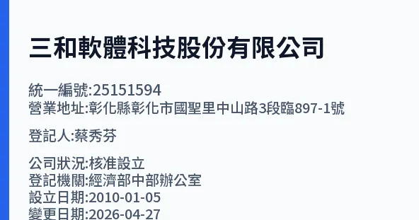 三和軟體科技股份有限公司的照片-統編 25151594(彰化縣) 公司登記資料與營業項目詳細圖表
