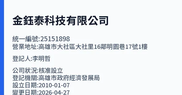 金鈺泰科技有限公司的照片-統編 25151898(高雄市) 公司登記資料與營業項目詳細圖表