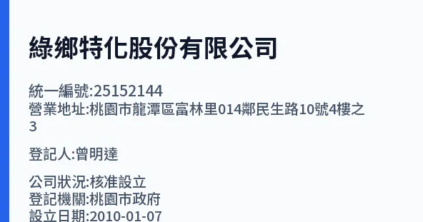 綠鄉特化股份有限公司的照片-統編 25152144(桃園市) 公司登記資料與營業項目詳細圖表