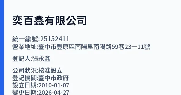 奕百鑫有限公司的照片-統編 25152411(臺中市) 公司登記資料與營業項目詳細圖表