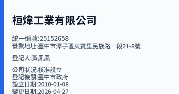 桓煒工業有限公司的照片-統編 25152658(臺中市) 公司登記資料與營業項目詳細圖表