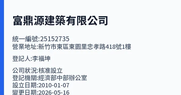 富鼎源建築有限公司的照片-統編 25152735(新竹市) 公司登記資料與營業項目詳細圖表