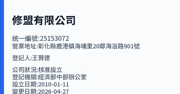 修盟有限公司的照片-統編 25153072(彰化縣) 公司登記資料與營業項目詳細圖表