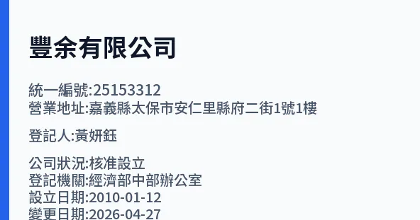 豐余有限公司的照片-統編 25153312(嘉義縣) 公司登記資料與營業項目詳細圖表