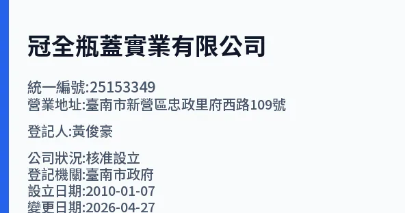 冠全瓶蓋實業有限公司的照片-統編 25153349(臺南市) 公司登記資料與營業項目詳細圖表
