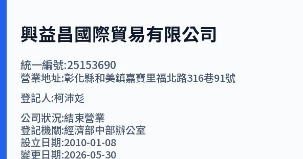 興益昌國際貿易有限公司的照片-統編 25153690(彰化縣) 公司登記資料與營業項目詳細圖表