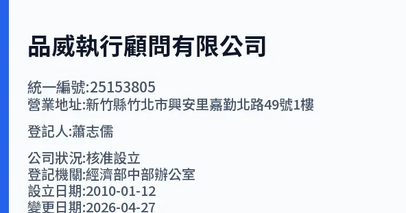 品威執行顧問有限公司的照片-統編 25153805(新竹縣) 公司登記資料與營業項目詳細圖表