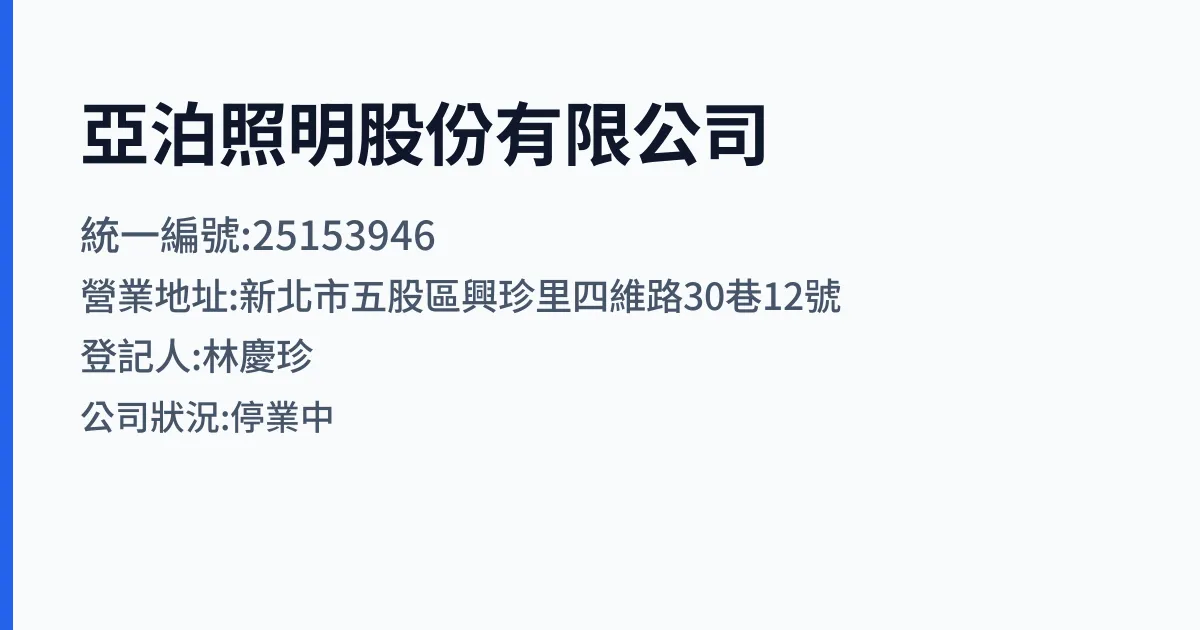 亞泊照明股份有限公司 - 統編 25153946(新北市) 公司登記資料與營業項目詳細圖表