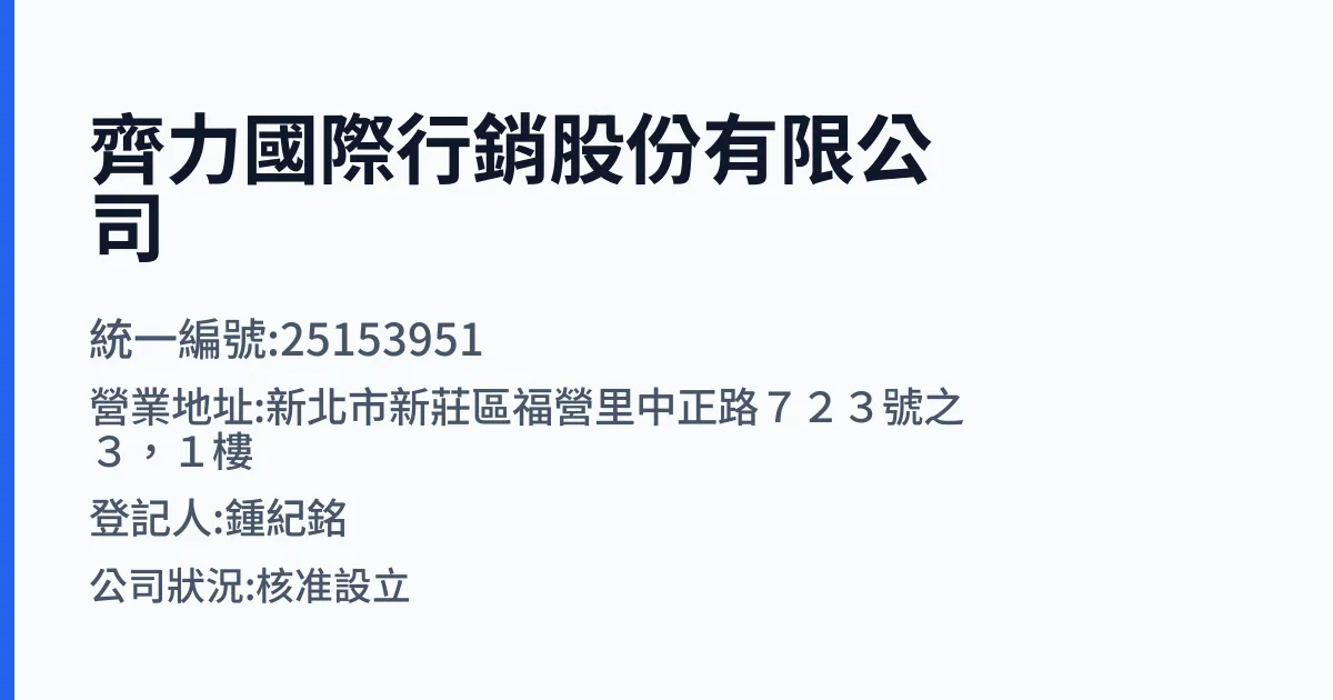 齊力國際行銷股份有限公司 - 統編 25153951(新北市) 公司登記資料與營業項目詳細圖表