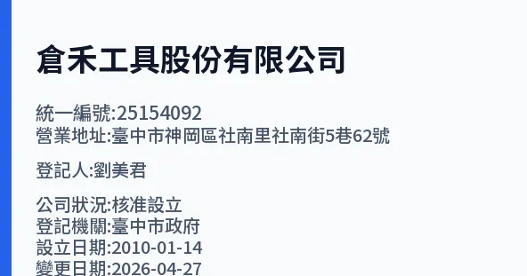 倉禾工具股份有限公司的照片-統編 25154092(臺中市) 公司登記資料與營業項目詳細圖表