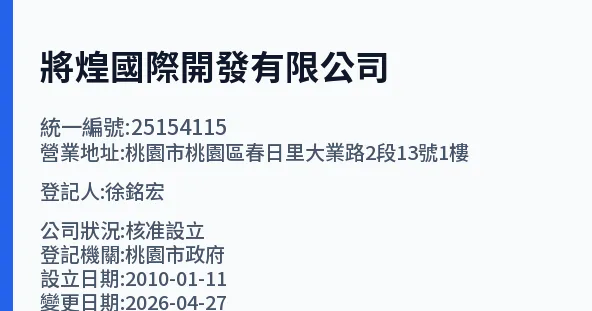將煌國際開發有限公司的照片-統編 25154115(桃園市) 公司登記資料與營業項目詳細圖表