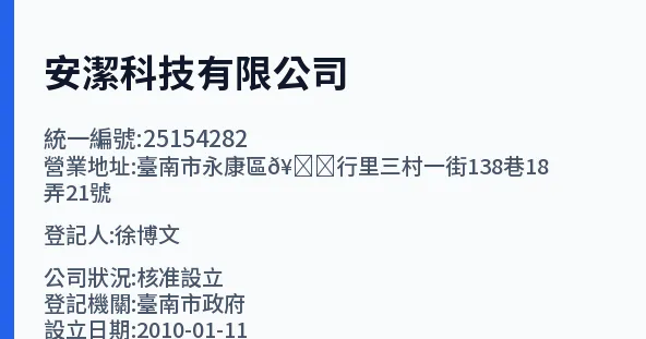 安潔科技有限公司的照片-統編 25154282(臺南市) 公司登記資料與營業項目詳細圖表