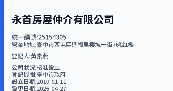 永首房屋仲介有限公司的照片-統編 25154305(臺中市) 公司登記資料與營業項目詳細圖表