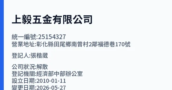 上毅五金有限公司的照片-統編 25154327(彰化縣) 公司登記資料與營業項目詳細圖表