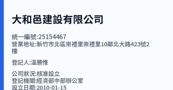 大和邑建設有限公司的照片-統編 25154467(新竹市) 公司登記資料與營業項目詳細圖表