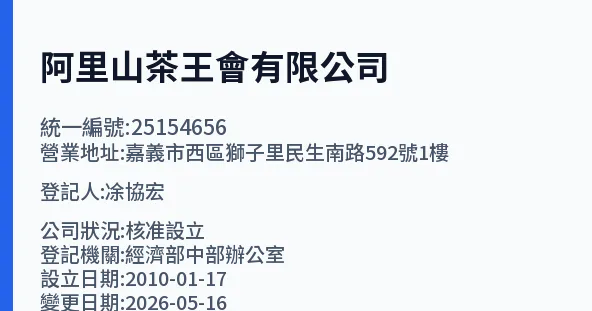 阿里山茶王會有限公司的照片-統編 25154656(嘉義市) 公司登記資料與營業項目詳細圖表