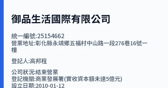 御品生活國際有限公司的照片-統編 25154662(彰化縣) 公司登記資料與營業項目詳細圖表