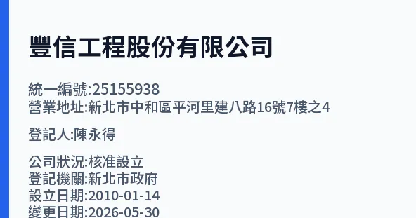 豐信工程股份有限公司的照片-統編 25155938(新北市) 公司登記資料與營業項目詳細圖表