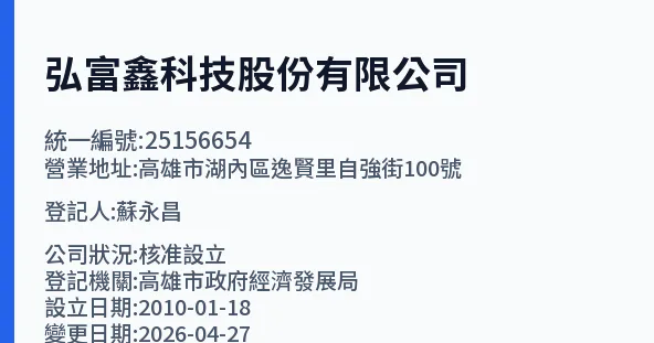 弘富鑫科技股份有限公司的照片-統編 25156654(高雄市) 公司登記資料與營業項目詳細圖表