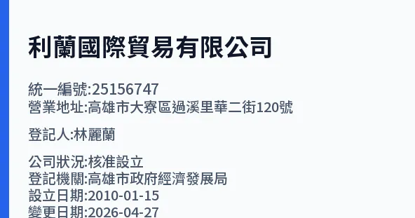 利蘭國際貿易有限公司的照片-統編 25156747(高雄市) 公司登記資料與營業項目詳細圖表