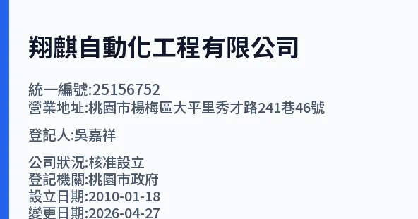 翔麒自動化工程有限公司的照片-統編 25156752(桃園市) 公司登記資料與營業項目詳細圖表