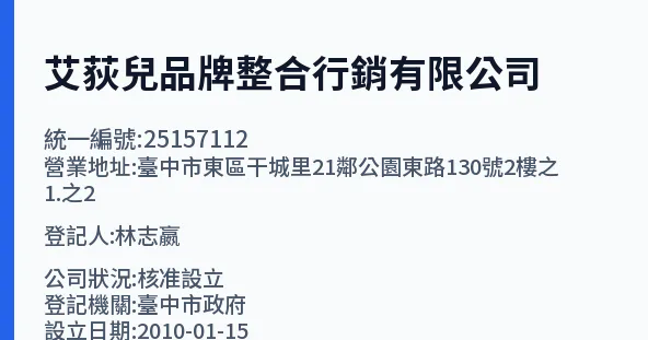 艾荻兒品牌整合行銷有限公司的照片-統編 25157112(臺中市) 公司登記資料與營業項目詳細圖表