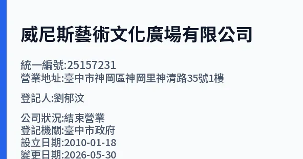 威尼斯藝術文化廣場有限公司的照片-統編 25157231(臺中市) 公司登記資料與營業項目詳細圖表