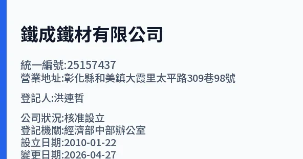 鐵成鐵材有限公司的照片-統編 25157437(彰化縣) 公司登記資料與營業項目詳細圖表