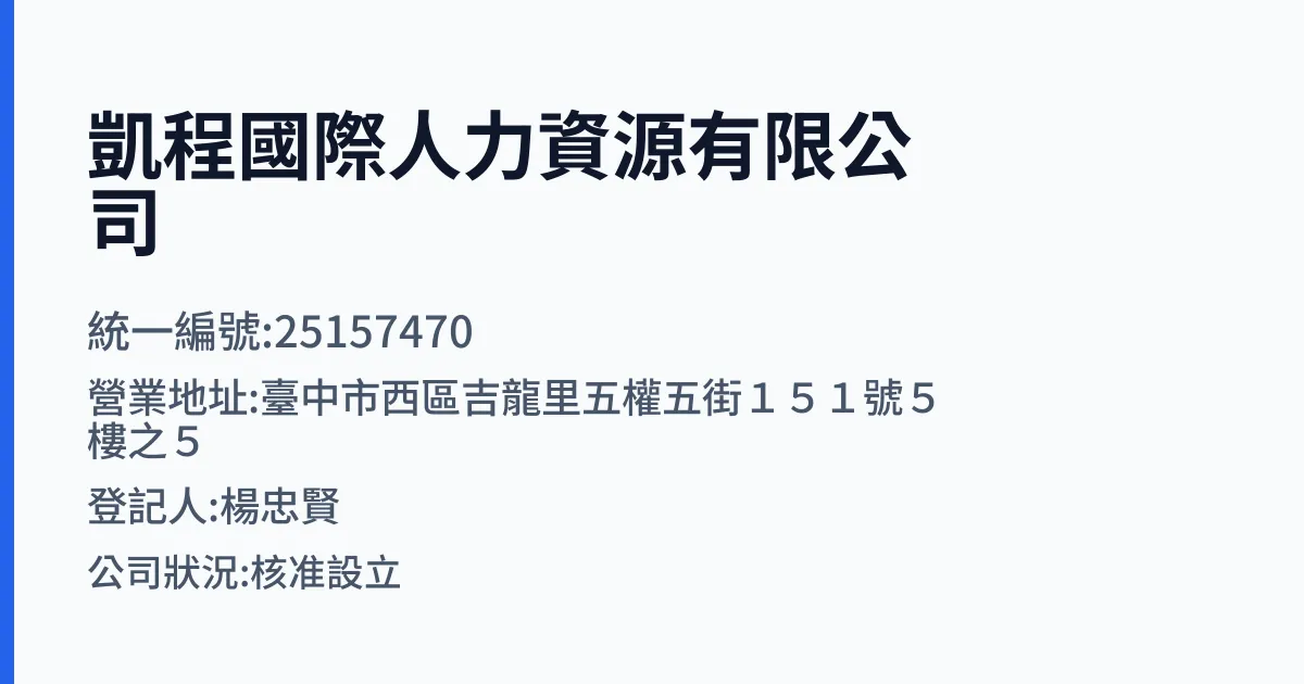 凱程國際人力資源有限公司 - 統編 25157470(臺中市) 公司登記資料與營業項目詳細圖表