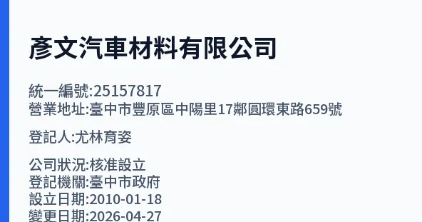 彥文汽車材料有限公司的照片-統編 25157817(臺中市) 公司登記資料與營業項目詳細圖表