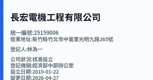 長宏電機工程有限公司的照片-統編 25159006(新竹縣) 公司登記資料與營業項目詳細圖表