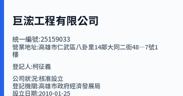 巨浤工程有限公司的照片-統編 25159033(高雄市) 公司登記資料與營業項目詳細圖表