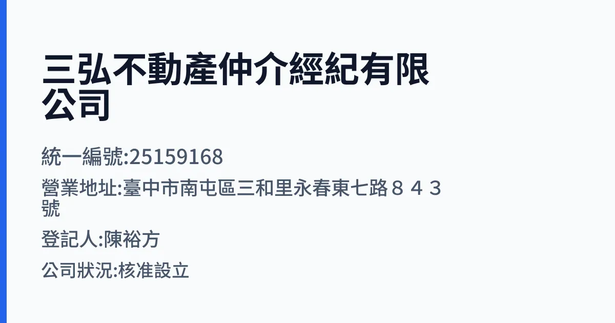 三弘不動產仲介經紀有限公司 - 統編 25159168(臺中市) 公司登記資料與營業項目詳細圖表