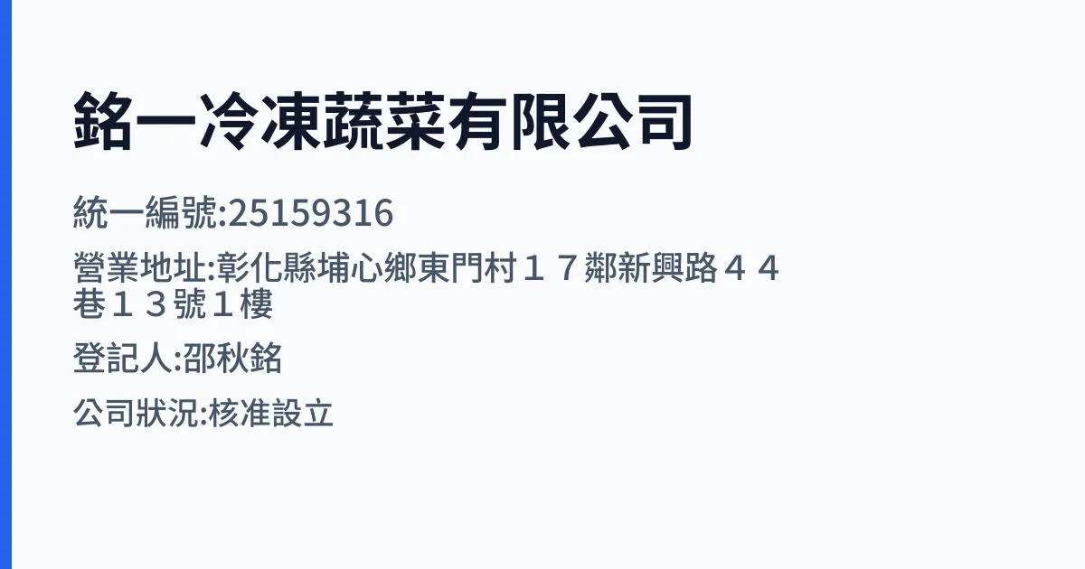 銘一冷凍蔬菜有限公司 - 統編 25159316(彰化縣) 公司登記資料與營業項目詳細圖表