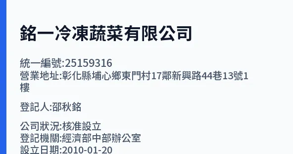 銘一冷凍蔬菜有限公司的照片-統編 25159316(彰化縣) 公司登記資料與營業項目詳細圖表