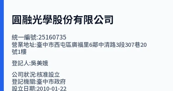 圓融光學股份有限公司的照片-統編 25160735(臺中市) 公司登記資料與營業項目詳細圖表