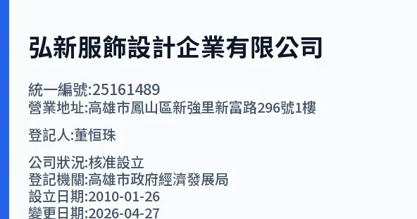 弘新服飾設計企業有限公司的照片-統編 25161489(高雄市) 公司登記資料與營業項目詳細圖表