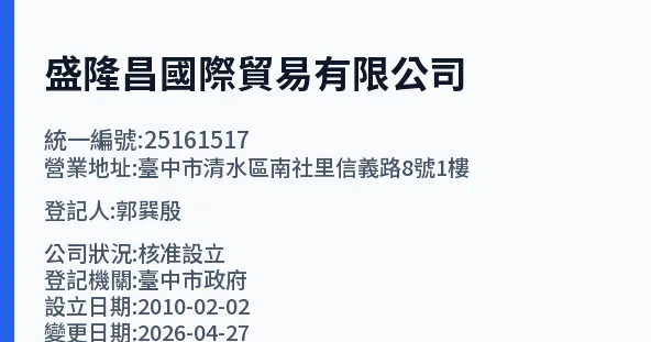 盛隆昌國際貿易有限公司的照片-統編 25161517(臺中市) 公司登記資料與營業項目詳細圖表