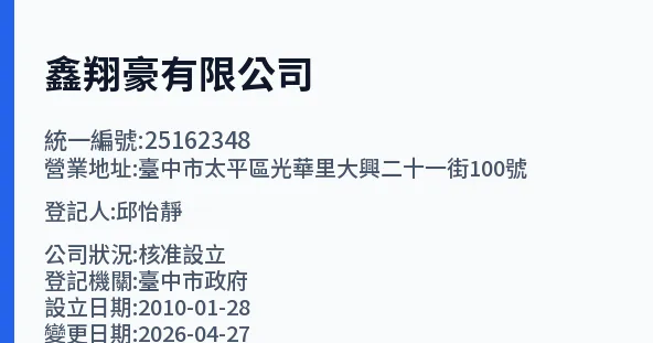 鑫翔豪有限公司的照片-統編 25162348(臺中市) 公司登記資料與營業項目詳細圖表