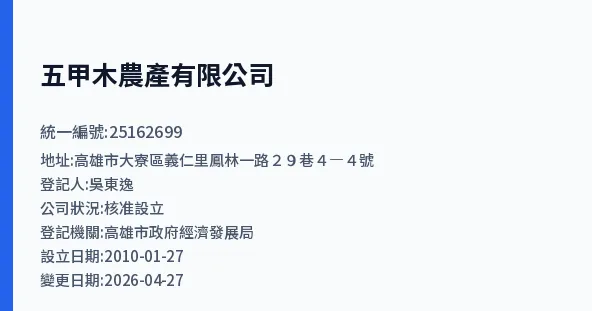 五甲木農產有限公司的照片-統編 25162699(高雄市) 公司登記資料與營業項目詳細圖表