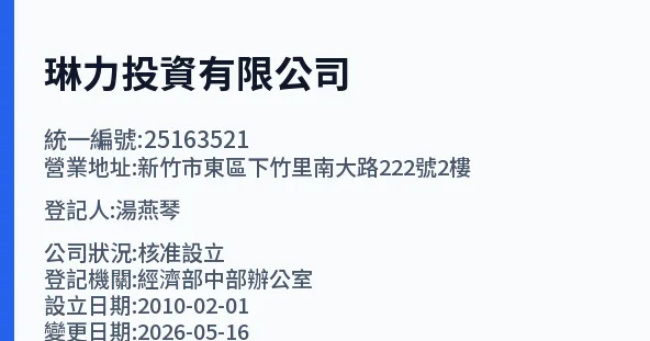 琳力投資有限公司的照片-統編 25163521(新竹市) 公司登記資料與營業項目詳細圖表