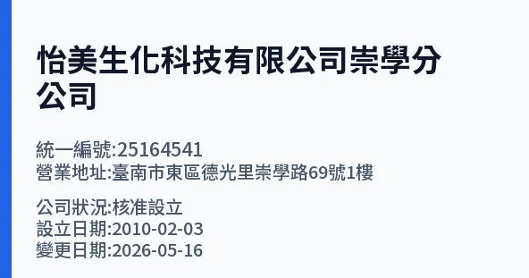 怡美生化科技有限公司崇學分公司的照片-統編 25164541(臺南市) 公司登記資料與營業項目詳細圖表