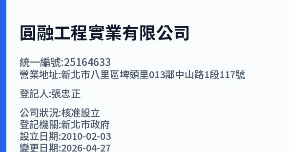 圓融工程實業有限公司的照片-統編 25164633(新北市) 公司登記資料與營業項目詳細圖表